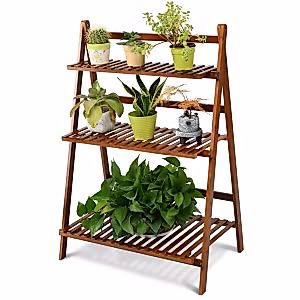COSTWAY Bamboo Plant Stand, Foldable Multifunctional Flower Display Ladder Shelf, 3-Tier Storage Rack