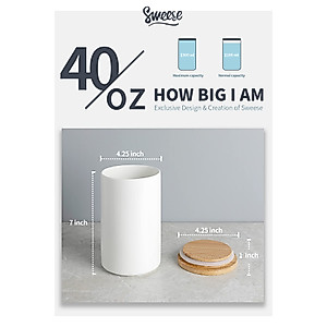 Sweese Kitchen Canister, Porcelain Food Storage Jar with Bamboo Lid for Ground Coffee, Flour, Tea, Sugar, Airtight Coffee Container,40oz/1300ml White No.821.101