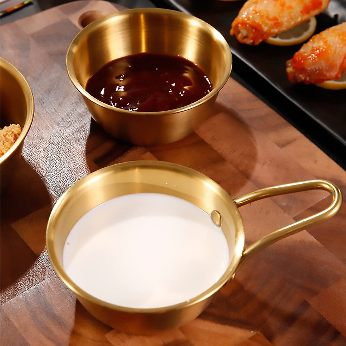 Dadamong 2-Pack Makgeolli Bowls, 304 Stainless Steel Korean Traditional Bowls Rice Wine Bowl with Handle, Hiking Soup Dish, Food Bowl Camp Cup, 4.7 Inch, 10 Ounces (Gold)