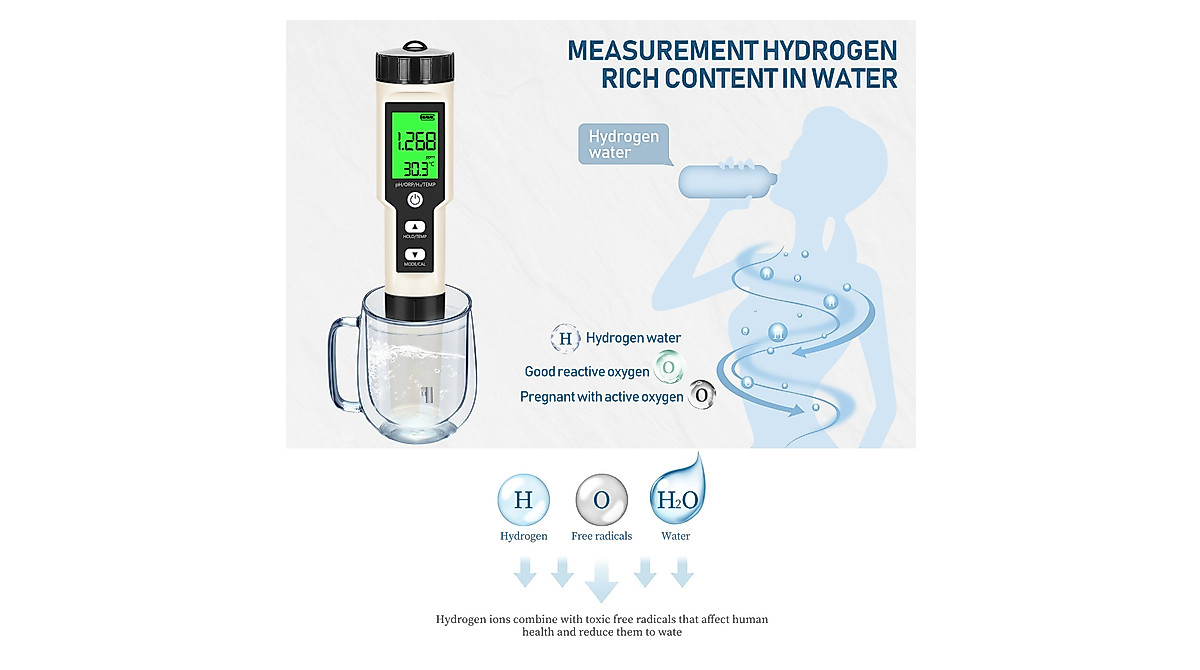 Hydrogen Water Tester 4-in-1 pH, H2, ORP & Temp for Accurate Water Testing