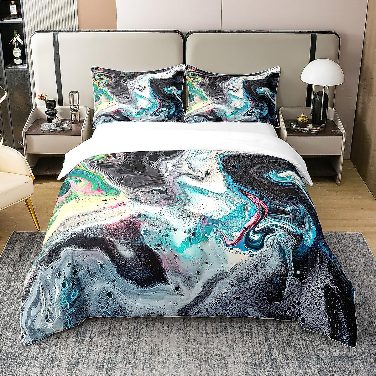 Erosebridal 100% Natural Cotton Black Marble Bedding Set King Psychedelic Bedding Black Blue Teal Marble Texture Abstract Soft Breathable Duvet Cover Set for Boys Girls