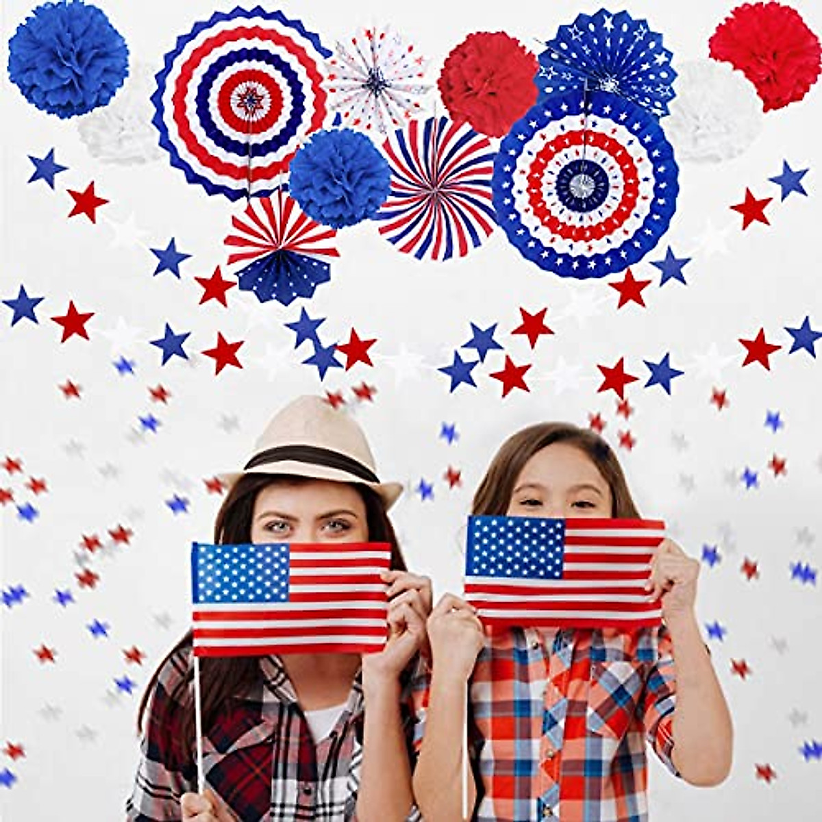 MOVINPE 4th of July Patriotic Party Decorations Set, American Flag Hanging Paper Fans, Pompoms Flowers, Foil Fringe Curtain, Star Streamers, USA Pennant Bunting Independence Day Party Supplies