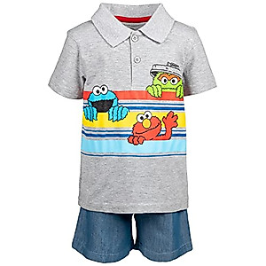 Sesame Street Oscar the Grouch Cookie Monster Elmo Infant Baby Boys Polo Shirt and Shorts Gray/Blue 24 Months