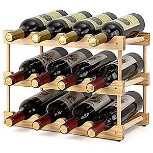 Wine Rack Freestanding Storage 12 Bottle Capacity, 3 Tiers Modular Small Wine Racks Countertop, Farmhouse Wood Wine Holder Stands for Pantry Table Top Organizer (Natural, 12 Bottles)