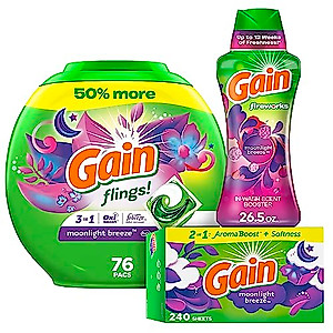 Gain flings Laundry Detergent Soap Pacs, Moonlight Breeze, 76 count + Gain Fireworks Laundry Scent Booster Beads for Washer, Moonlight Breeze, 26.5 oz + Gain Dryer Sheets, Moonlight Breeze, 240 Count