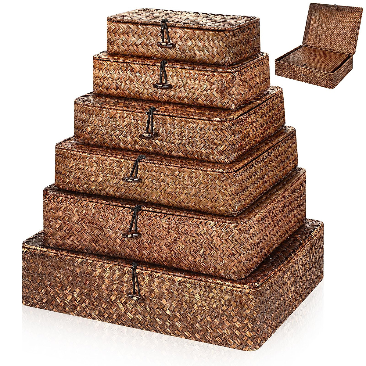 Beeveer 6 Pcs Seagrass Storage Baskets with Lid Large Wicker Decorative Storage Baskets Stackable Boxes Woven Rectangular Rattan Storage Bins Shelf Baskets Organizer for Closet Bedroom, Coffee