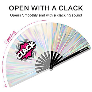 Ravevibes 13" Large Glitter Holographic Rave Hand Fan, Folding Lridescent Festival Edm Clack Fan Foldable for Rave Outfits Accessories Festival, Club, Party, Dance for Men Women, Holographic White