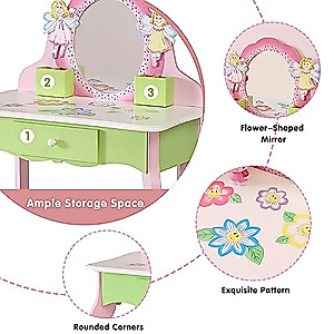 HILIROOM Kids Vanity Set with Mirror and Stool, Girls Makeup Vanity Wooden Dressing Table with Drawer, Princess Vanity Table and Chair Set, Pretend Play Vanity Set for Little Girls