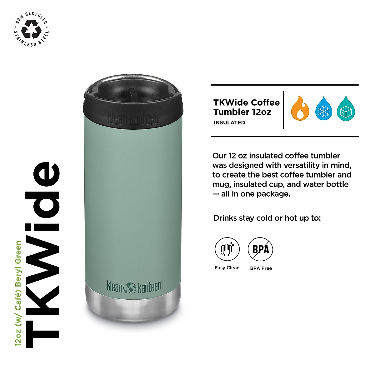 KLEAN KANTEEN Tkwide Green Beryl Cafe Cap with Insulated Tumbler 12oz, 1 EA