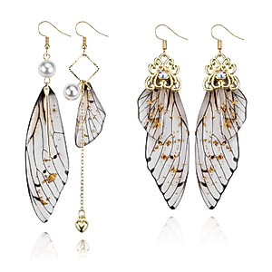 ABONDEVER Cottagecore Butterfly Wing Earrings 1 Pair 14K Gold Foil Fairy Wing Earrings & 1 Pair Fairycore Asymmetrical Earrings for Women Drop Dangle Earrings(gold foil Grey)