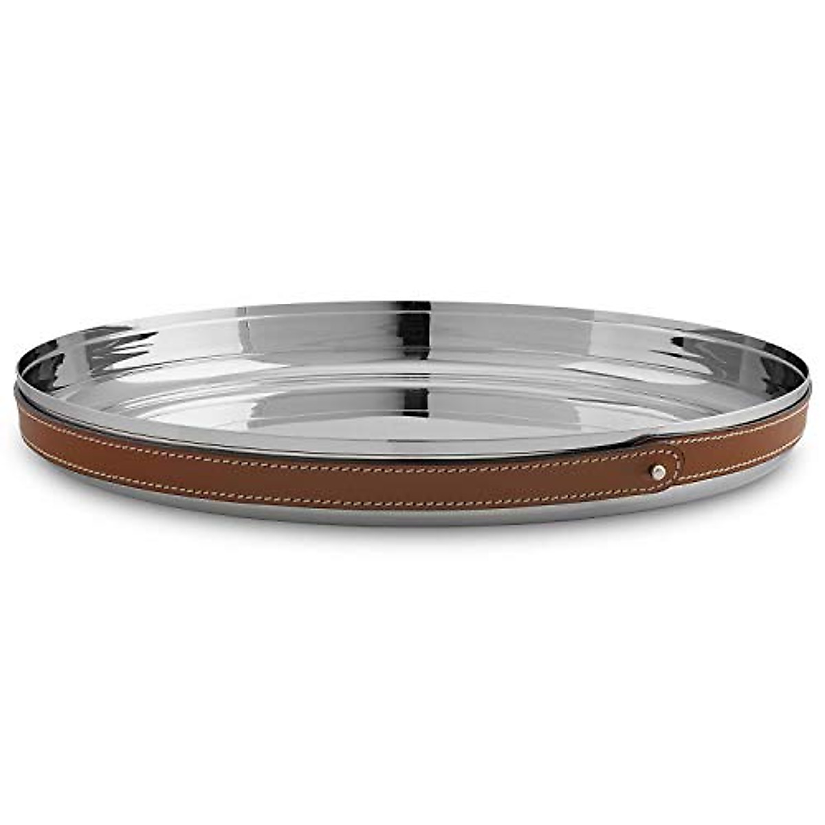 nambe Tahoe Bar Tray | Stainless Steel Organizing Tray with Raised Edges and Leather Accent | Decorative Round Metal Serving Tray | 13-in Removable Leather Accent