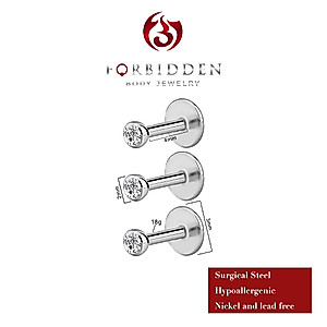 Forbidden Body Jewelry Surgical Steel Earrings Internally Threaded Micro CZ Gem Top Tragus/Helix/Labret Stud with 2mm Top (18G, 4mm) 3 pack