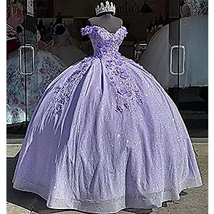 DKBridal Women‘s 3D Flowers Quinceanera Dresses Glittery Tulle Off The Shoulder Sweet 16 Dresses Royal Blue 24