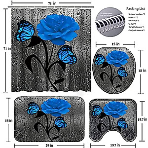 Poedist 4 Pcs Bathroom Shower Curtain Set,Blue Rose Shower Curtain Valentine's Day Shower Curtain Sets with Rugs(Bath Mat,U Shape and Toilet Lid Cover Mat) and 12 Hooks