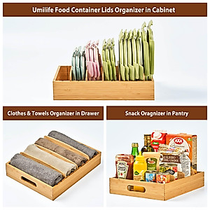 Umilife Kitchen Cabinet Organizer for Food Storage Container Lids, with Adjustable Dividers, Bamboo Drawer Caddy, Box for Kitchen Storage and Organization