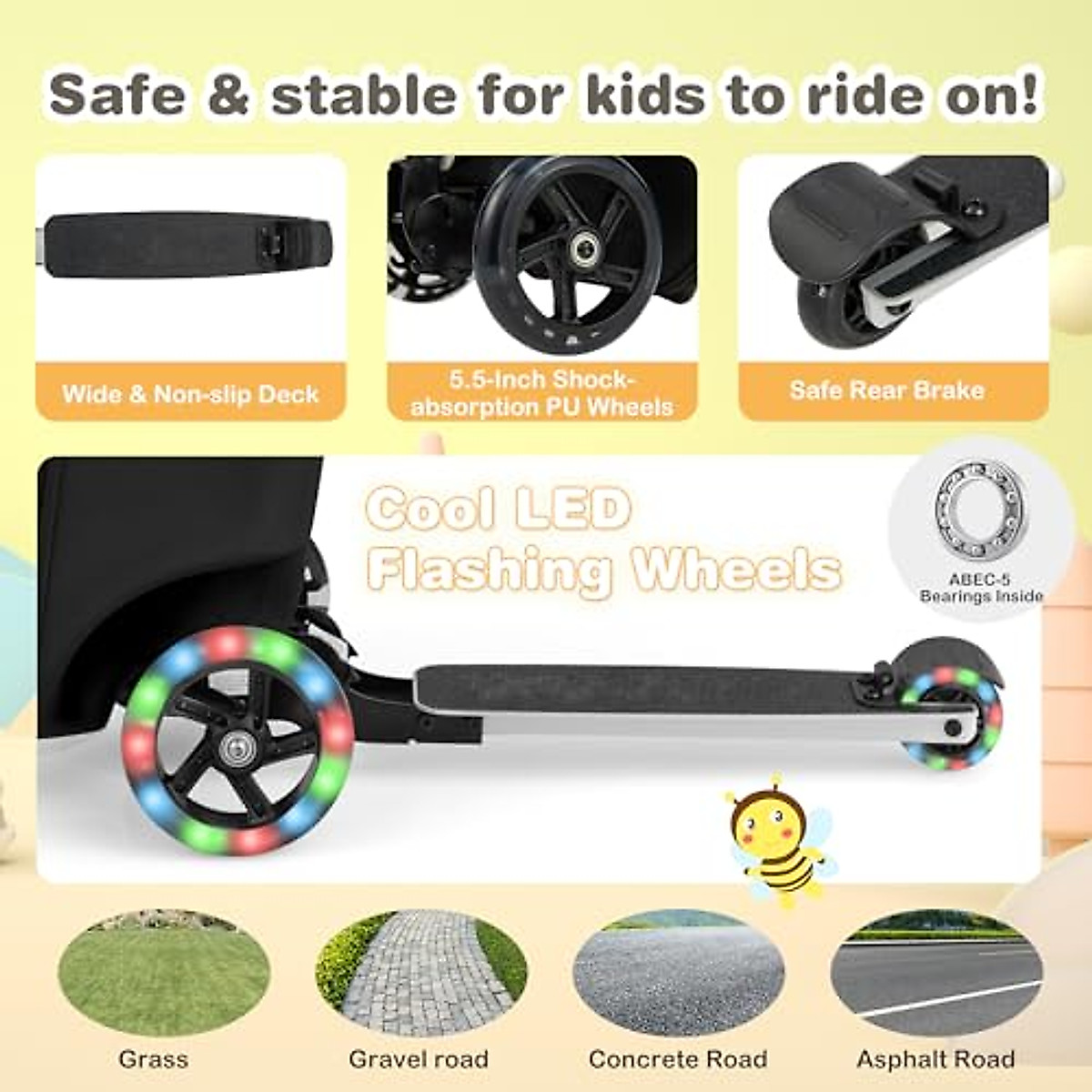 Goplus 2-in-1 Ride On Suitcase Scooter for Kids, Carry on Luggage with LED Flashing Wheels, Waterproof Shell, Retractable Steering Handle, Lightweight Folding Scooter for Boys Girls Travel (Bee)
