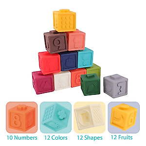 TOOKYLAND Soft Stacking Blocks for Baby Building Blocks Montessori Sensory Infant Toys, Educational Baby Toys 6 Months & Up with Numbers, Shapes, Fruits, Animals & Textures