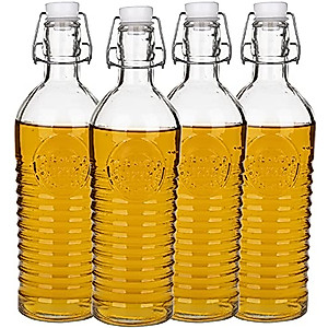 Nicunom 4 Pack Flip Top Glass Bottle, 40 Oz. / 1.2 Liter Clear Glass Pitcher Swing Top Brewing Bottle with Stopper for Beverages, Oils, Kombucha, Beer, Kiefer, Water, Soda, Airtight Seal & Metal Clamp