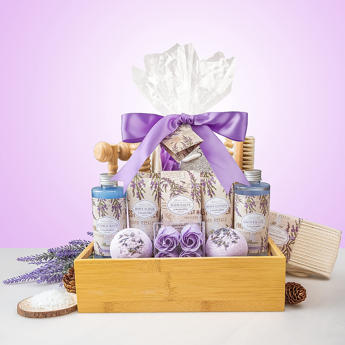 Luxury Spa Gift Baskets for Women in Lavender Essential, Christmas Birthday Gifts for Mom, 18pcs Bath Body Home Spa for Pampering Self Care with Bubble Bath Lotion Massager Roller Loofah scrubber