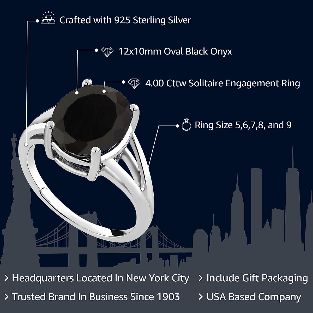 Gem Stone King 925 Sterling Silver Black Onyx Ring For Women | 4.00 Cttw | Gemstone December Birthstone | Oval 12X10MM | Available In Size 5,6,7,8,9