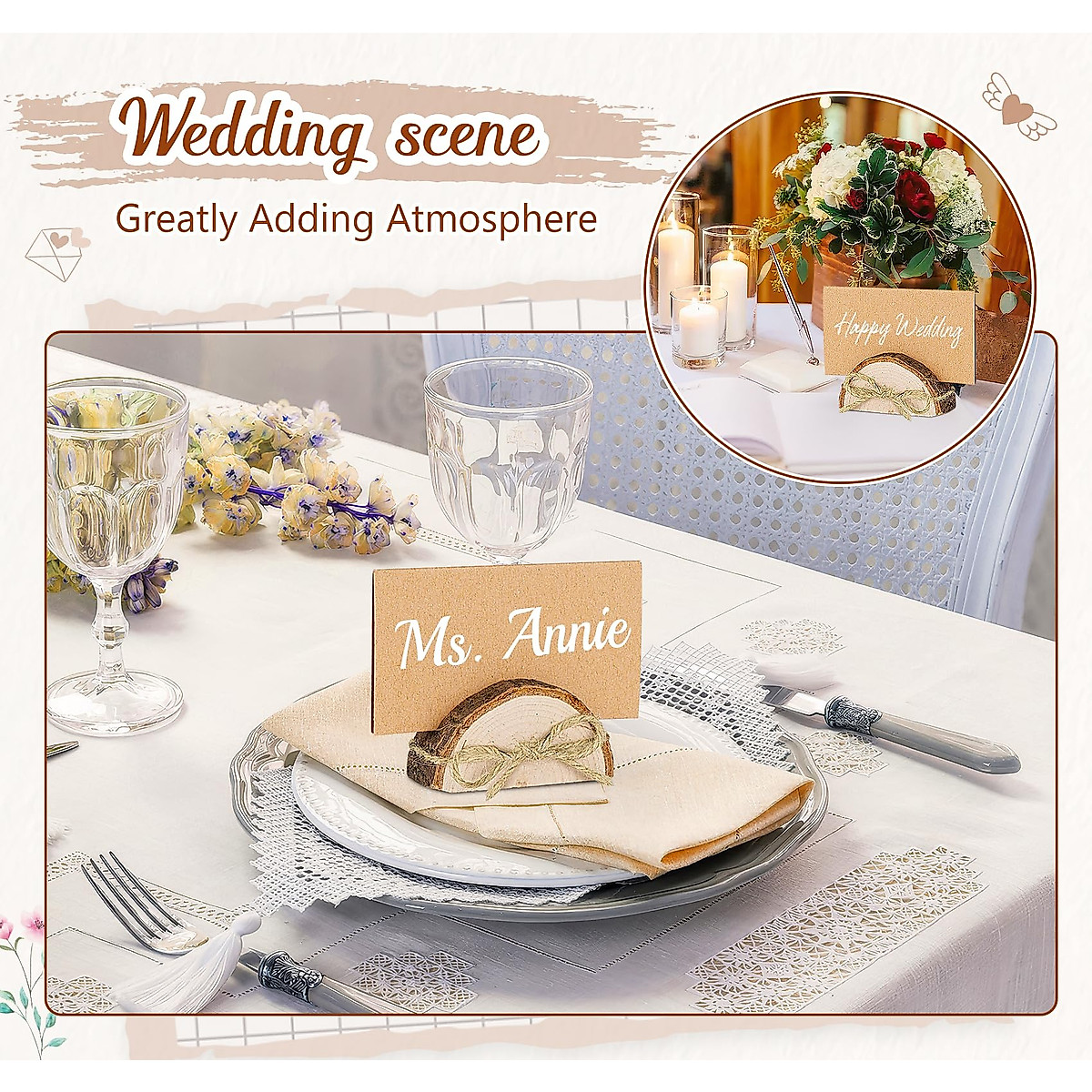 20 Premium Wood Place Card Holders, Rustic Mini Table Number Holders with 20 Kraft Table Place Cards and 50 m Natural Jute Rope, Table Sign Stand, Name Card Photo Picture Holders for Wedding Party