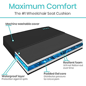 Vive Wheelchair Cushion - Gel Seat Pad for Coccyx, Orthopedic Back Support, Sciatica & Tailbone Pain Relief - Waterproof Cover + 4 Layer Foam Support and Comfort - for Pressure Sores and Ulcers