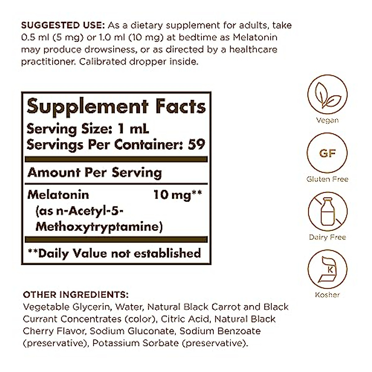 SOLGAR Liquid Melatonin 10 mg, Natural Black Cherry Flavor - 2 fl oz - Helps Normal Circadian Rhythm - Great for Jet Lag - Vegan, Gluten & Dairy Free, Kosher - 59 Servings