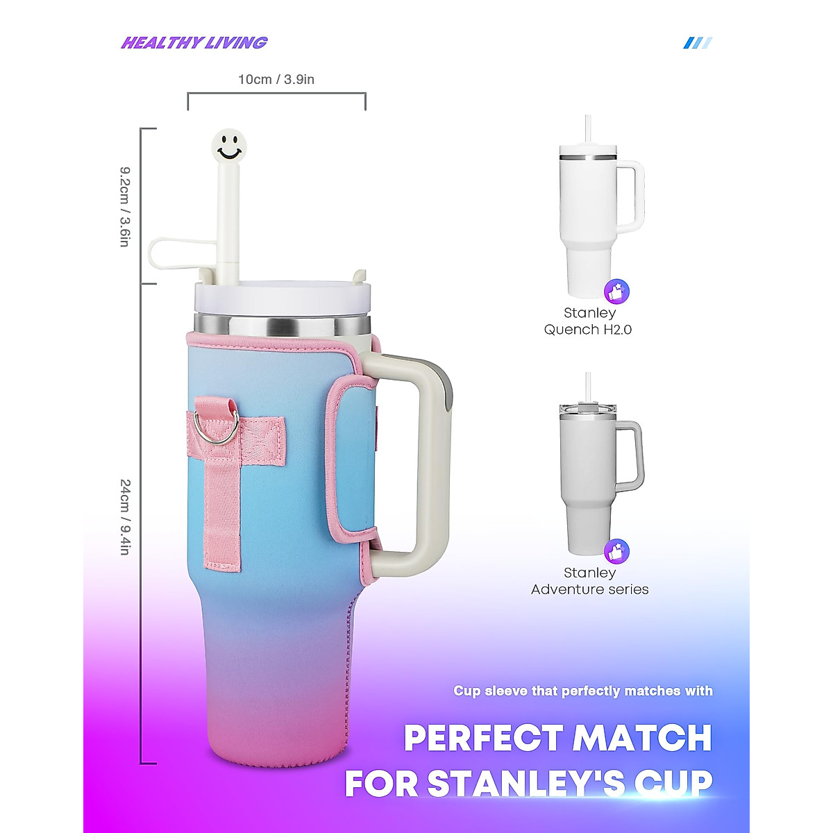 Water Bottle Holder for Stanley Cup with Strap,Tumbler Accessories for Stanley 40 oz,Anti Drop and Leakage,Suitable for Sports and Outdoor Use（Hydrangea）(Cup Not Included)