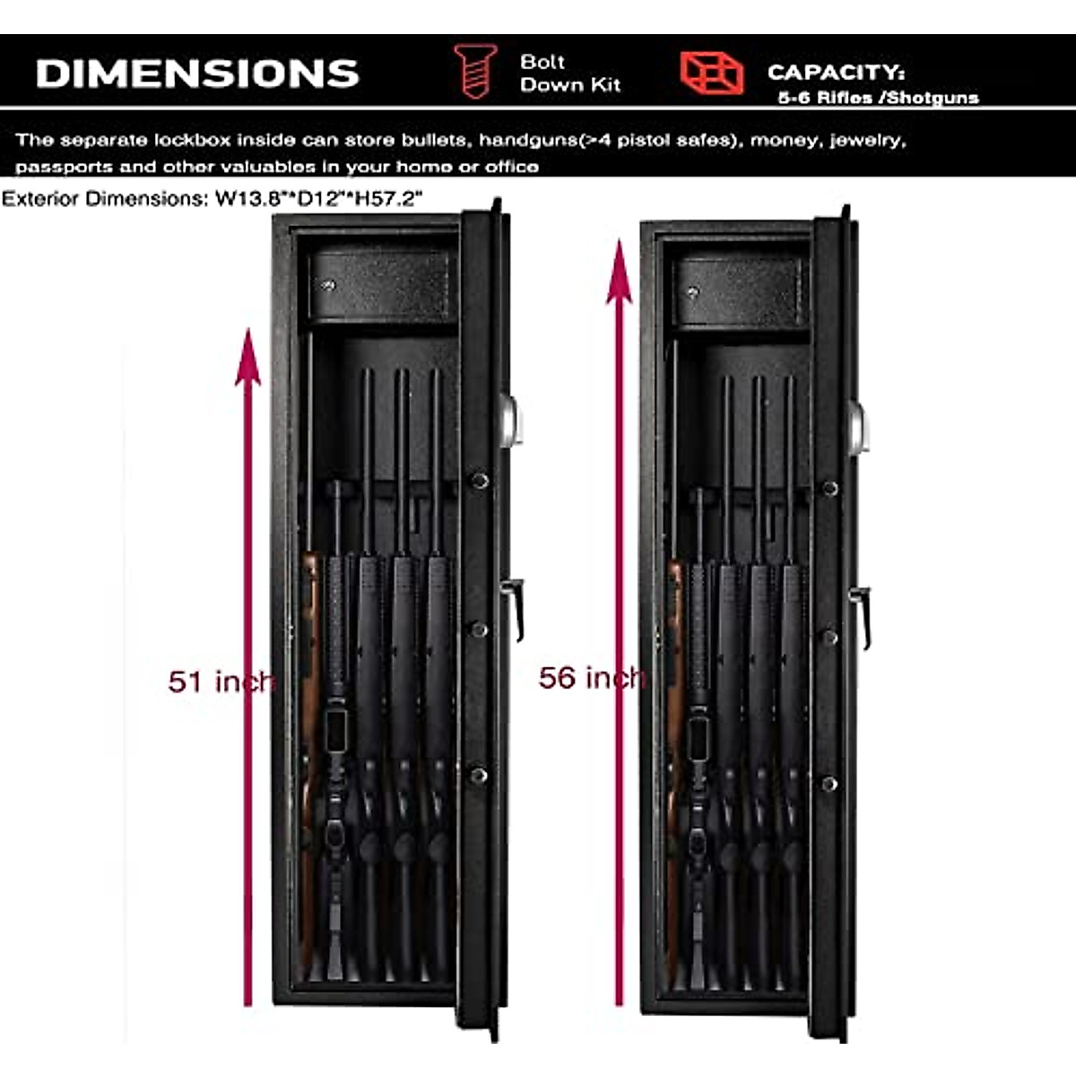 Quicktec Large Rifle Safe, Gun Safe for Home Rifles and Pistols, Quick Access 5-6 Gun Cabinet Shotgun Safe (with/Without Scope) with Pistol Lockbox Slient Mode (Large Gun Safe-Biometric) …