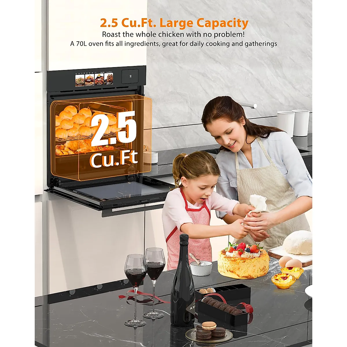 Ecoexplorer 24in Single Wall Oven, Built-in Electric Ovens with Steam&Grill&Air Frying Mode, 3000W, 240V, 2.5Cu.ft Stainless Steel Convection Built-in Oven, Advanced TFT Screen