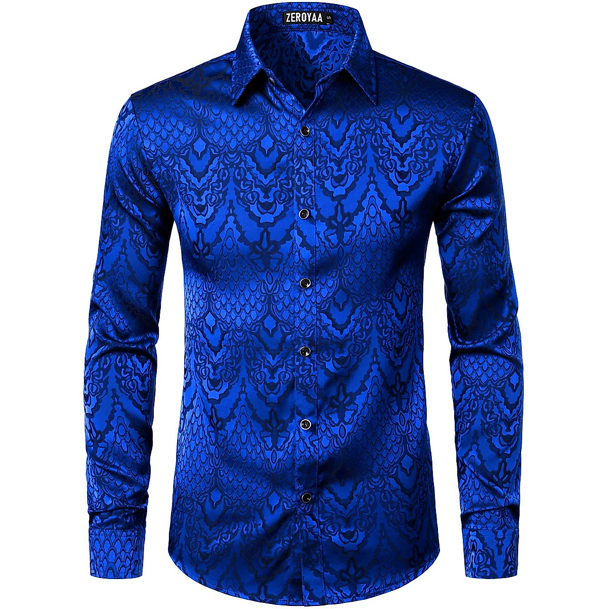ZEROYAA Men's Hipster Slim Fit Long Sleeve Gothic Jacquard Button Up Dress Shirts for Party Prom ZLCL32-Royal Blue Large
