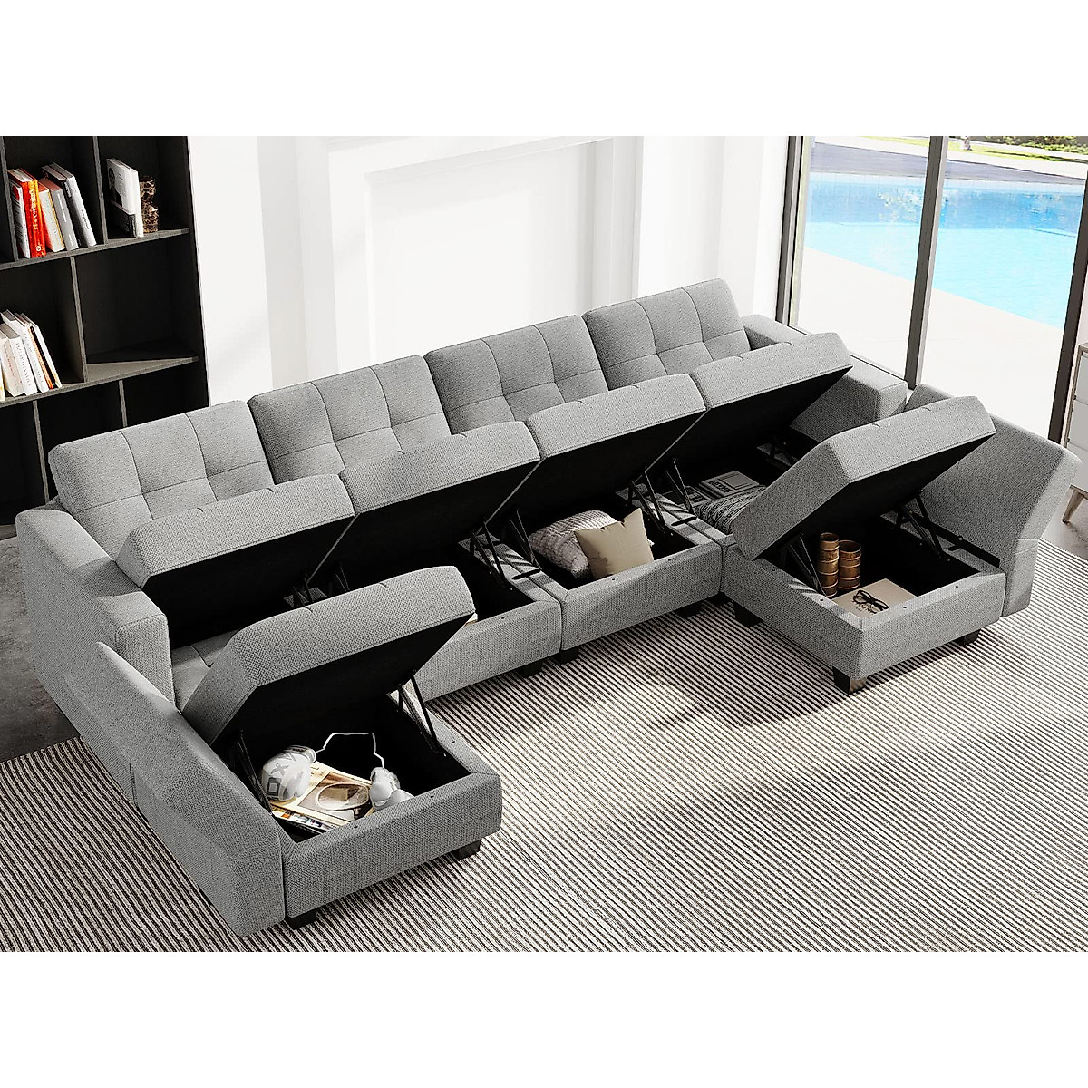 Belffin Modular U Shaped Sectional Sofa Couch with Reversible Chaises 6-seat Sectional Couch with Storage Seat Modular Sectional Set with Ottomans Light Grey