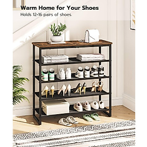 HOOBRO Shoe Rack, 5 Tier Shoe Storage Organizer with 4 Oxford Fabric Shelves and Top Panel, Holds 16-20 Pairs of Shoes, for Entryway and Closet, Industrial, Rustic Brown BF50XJ01