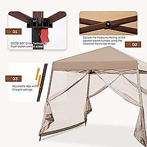 COOS BAY 10x10 Slant Leg Pop Up Canopy Tent w/Mosquito Netting (64 Square Feet of Shade) One Person Set-up Outdoor Instant Folding Shelter (Beige)