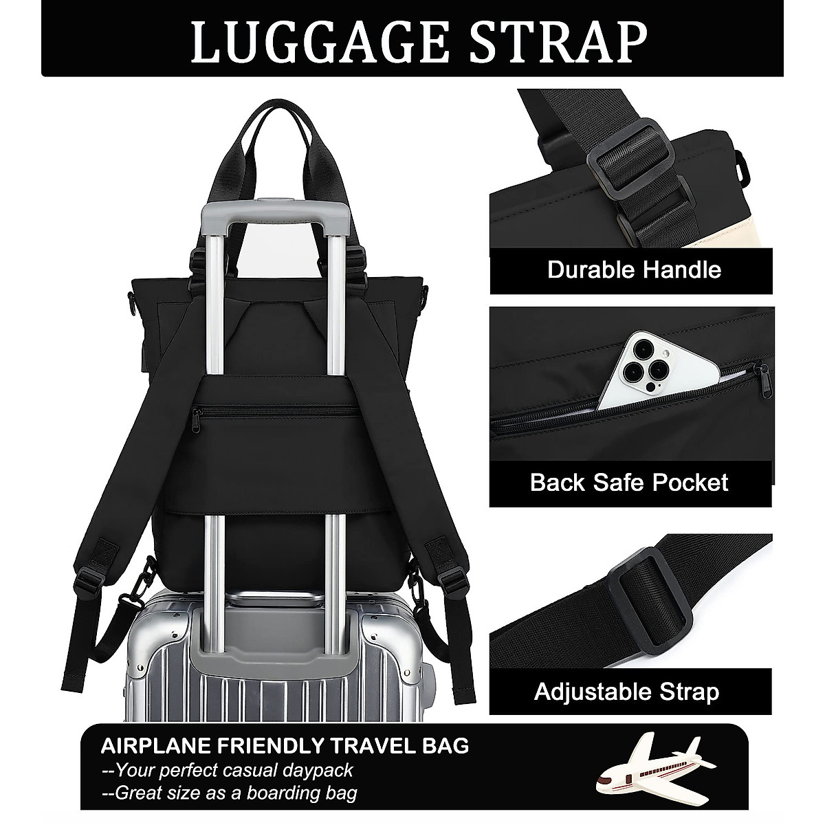 COMELY Backpack Tote for Women Casual Laptop Daypack Crossbody Bag 4-in-1 Travel Bookbag Diaper Bag Nurse Teacher Bag Water Resistant Wide Top Open for Daily Work College , Black B