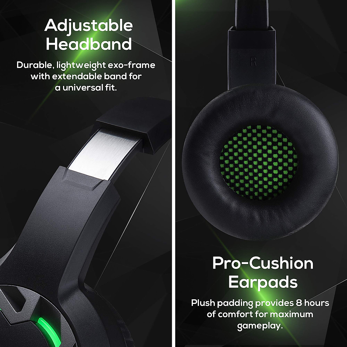 Phenom EXPO3 Stereo Gaming Headset for PS4, Xbox, Tablet or Smartphone, Noise Cancelling Headphones with Boom Mic and LED Glow Lights (Green)