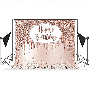 Pink Rose Golden Birthday Party Backdrop Glitter Diamonds Happy Birthday Background Girls Sweet 16 18th 21th Birthday Party Decorations Cake Table Banner Supplies 7x5ft