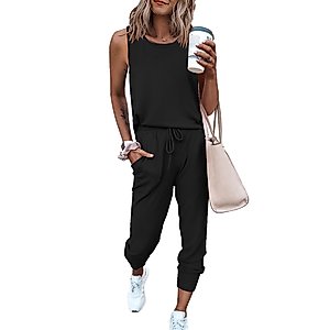 PRETTYGARDEN Women's Two Piece Outfit Sets Casual Summer Sleeveless Crewneck Tops and Sweatpants Active Tracksuit Lounge Wear (Black,Large)