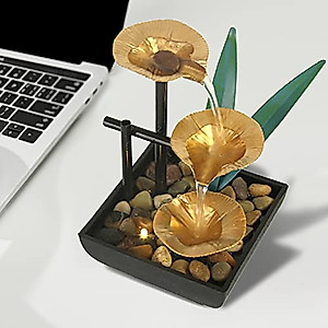 Desktop Waterfall Function,Indoor 3-Tier Gold Lotus Leaf Shaped Tabletop Fountain, with Natural River Rock,Adjustable Automatic Pump