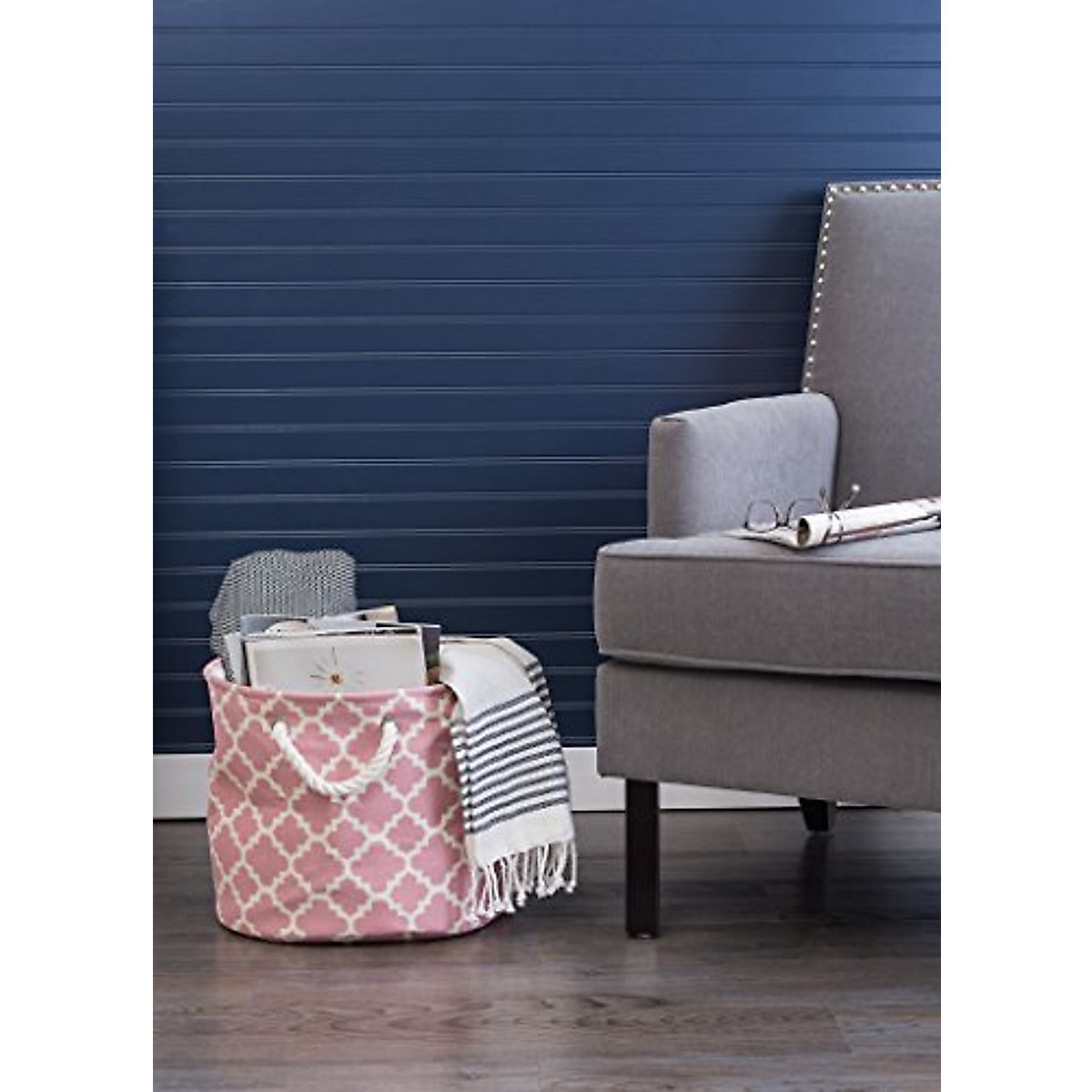 DII Collapsible Burlap Storage Basket or Bin with Durable Cotton Handles, Home Organizational Solution for Office, Bedroom, Closet, Toys, & Laundry (Small Round - 12x9), Rose Lattice