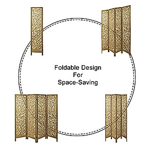 Acendside 4 Panel Room Divider, Room Dividers and Folding Privacy Screens, Decorative Wood Room Divider Wall with Leaves Cutout Design for Bedroom Home Office (Gold)