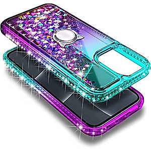 NGB Supremacy Compatible with iPhone 13 Mini Case with Tempered Glass Screen Protector/Ring Holder/Wrist Strap, Girls Women Liquid Bling Sparkle Floating Glitter Cute Phone Case (Aqua/Purple)