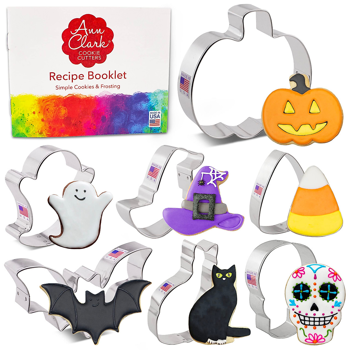 Halloween Cookie Cutters Premium 7-Pc. Set Made in USA by Ann Clark, Pumpkin, Ghost, Bat, Candy Corn, Skull, Black Cat, Witch Hat