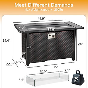 Meilocar 45in Fire Table, Propane Fire Pit with Glass Wind Guard and Rain Cover, Outdoor Firepit Table 50000 BTU 3-in-1 Fire Table for Patio/Yard/Balcony, Gray Tabletop