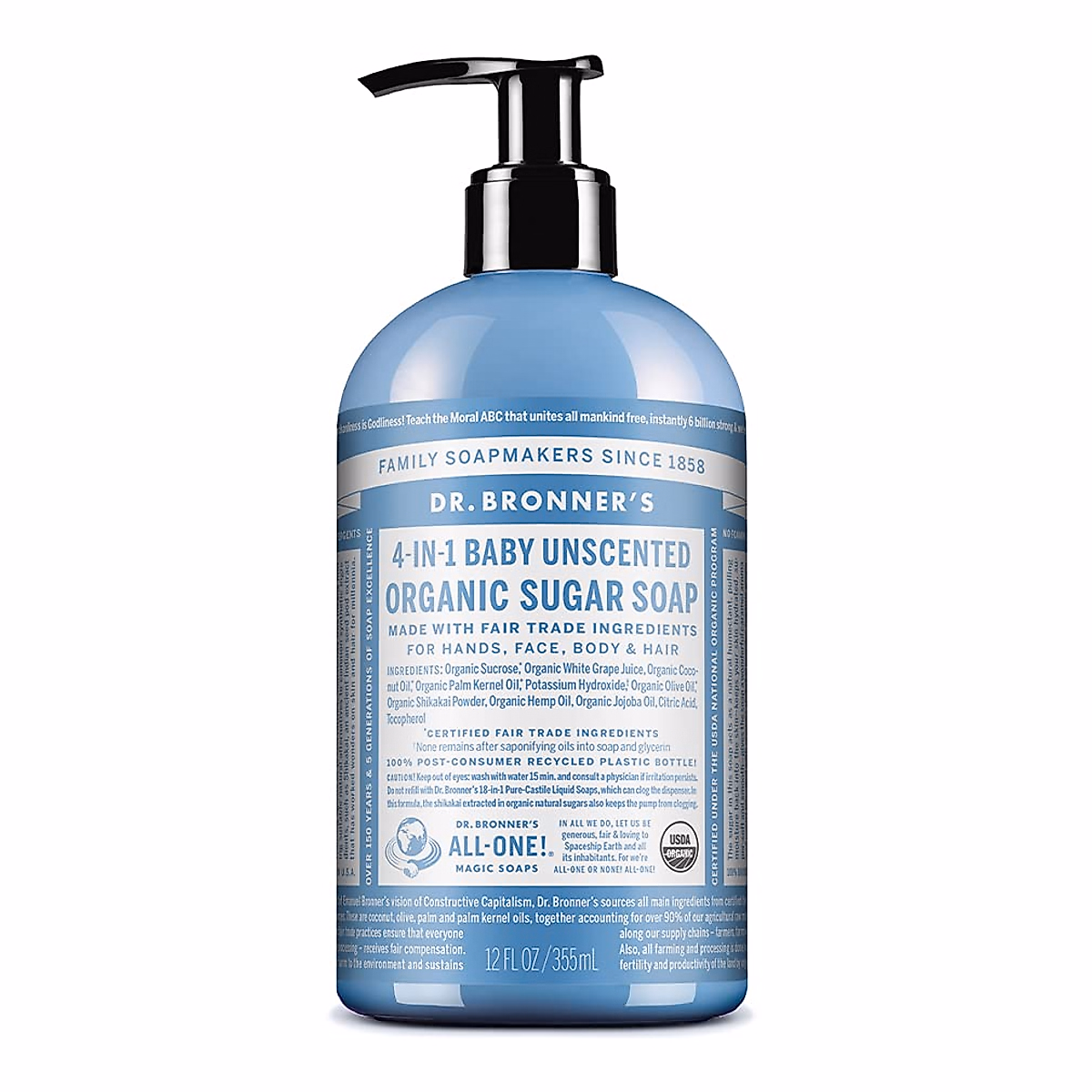 Dr. Bronner’s - Organic Sugar Soap (Baby Unscented, 12 Ounce) - Made with Organic Oils, Sugar and Shikakai Powder, 4-in-1 Use: Hands, Body, Face and Hair, Moisturizes and Nourishes, No Added Fragrance