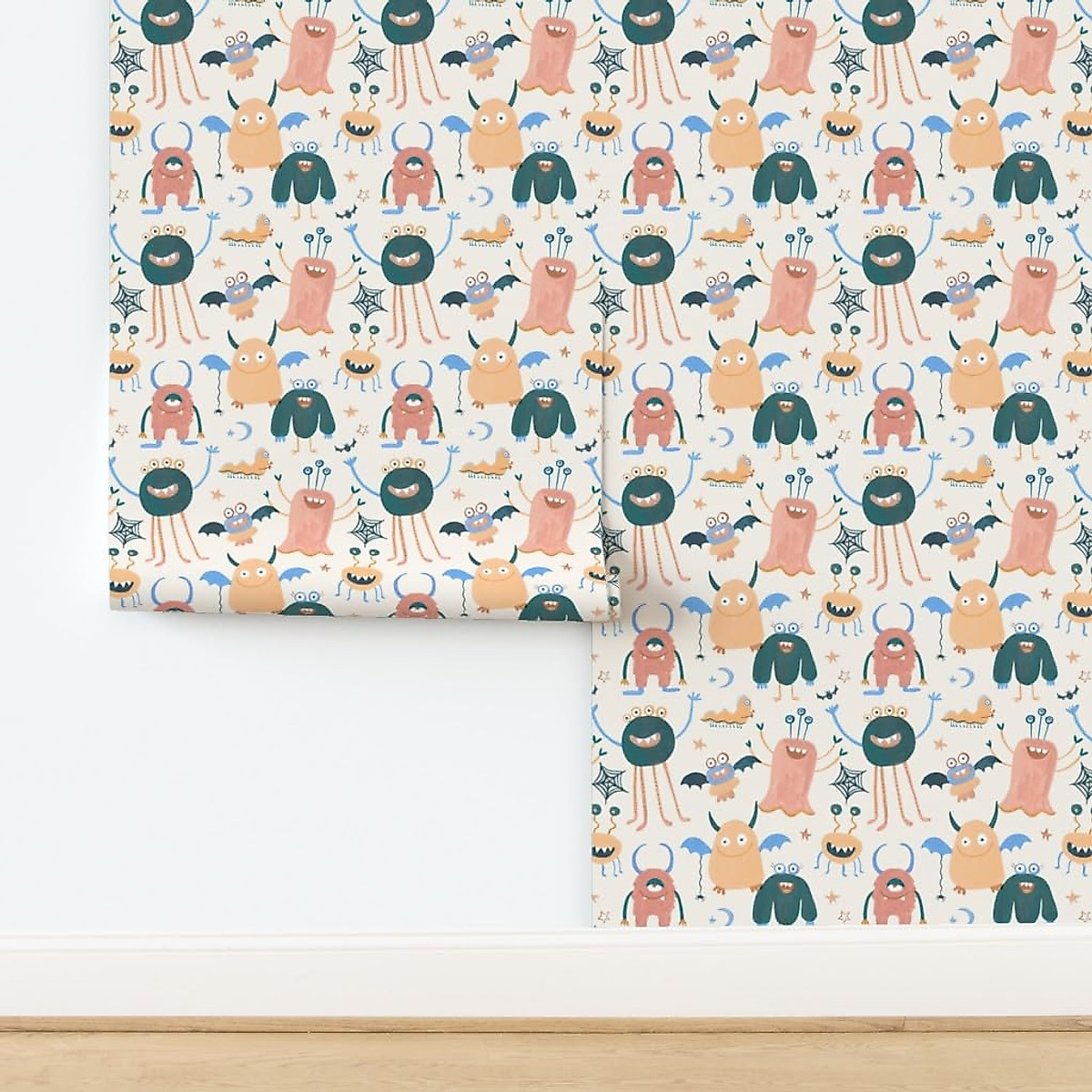Commercial Grade Wallpaper Swatch - Cute Kids Monsters Watercolor Pastel Playful Room Monster Creature Bat Spooky Spider Web Moon Stars Traditional Wallpaper by Spoonflower
