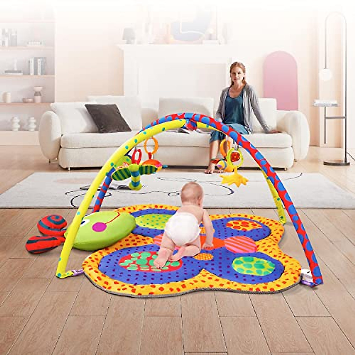 Rivpabo Baby Play Mat, Animal Theme Baby Play Gym with 5 Sensory Toys, Thicker Non-Slip Baby Activity Center for Motor Skill Development, Washable Tummy Time Mat for Infant and Newborn (Beebee)