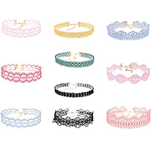 Teensery 10Pcs Womens Choker Necklaces Assorted Color Lace Charm Stretch Gothic Tattoo Chokers Necklace Set for Women Girls Ladies