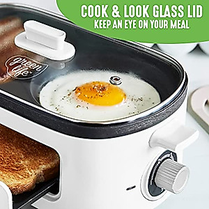 GreenLife 3-in-1 Breakfast Maker Station, Healthy Ceramic Nonstick Dual Griddles for Eggs Meat and Pancakes, 2 Slice Toast Drawer, Easy-to-use Timer, White