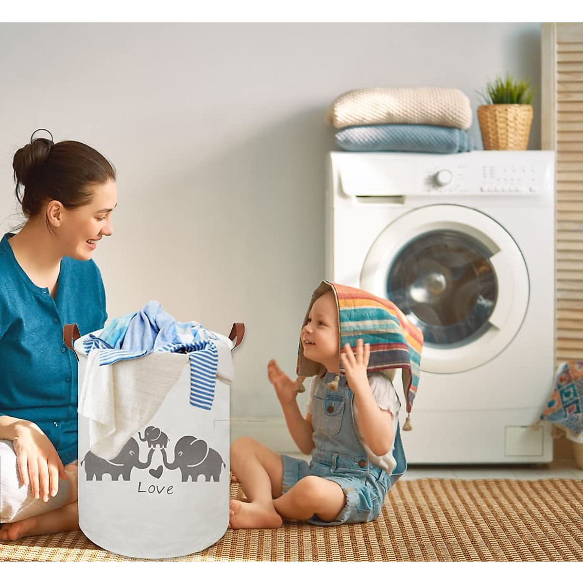 HIYAGON 19.7" x 15.7"Laundry Basket,Round Cotton Linen Storage Bin with Drawstring Cover for Bathroom/Closet/Toys Storage(Elephants)